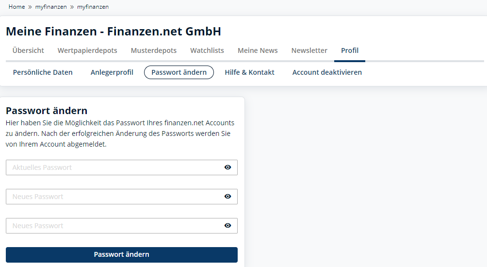 finanzen.net: Passwort im Profil ändern – Helpcenter